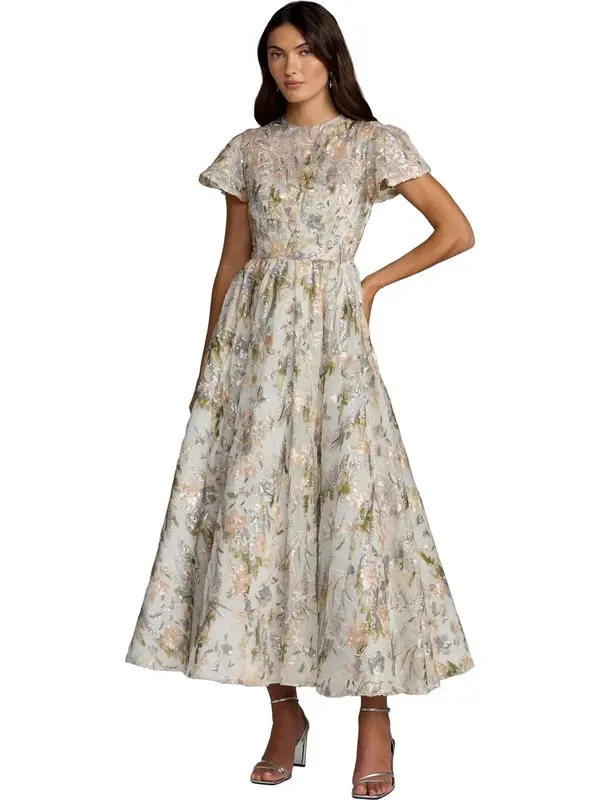 Mac Duggal Ivory Flutter Sleeve Sequin A-line Midi Dress - Oyster Multi