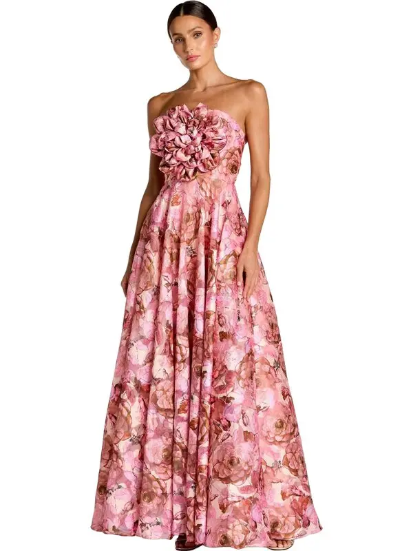 Mac Duggal Strapless Floral Gown With 3d Flower Embellishment - Rose Multi