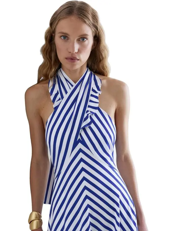 REISS Luna Striped Halterneck Maxi Dress - Blue/ivory