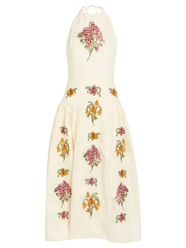 Agua Bendita Floral Embroidered Linen Midi Dress - Multicoloured