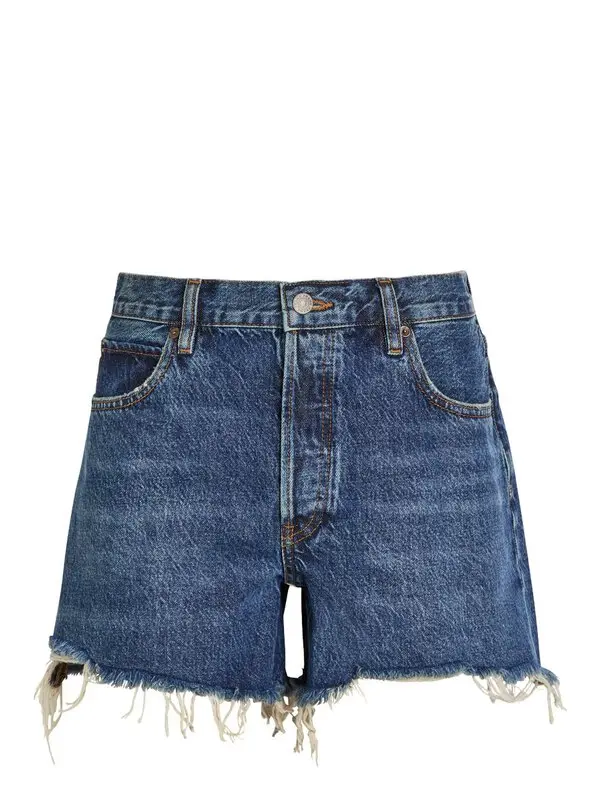 FRAME The Long Hang Frayed Denim Shorts - Navy