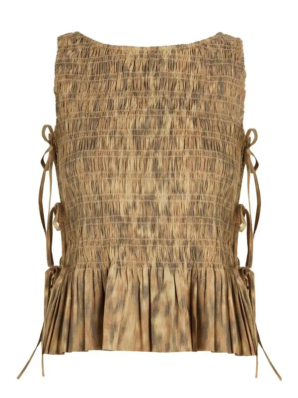 GANNI Leopard-print Smocked Peplum Top - Light Brown