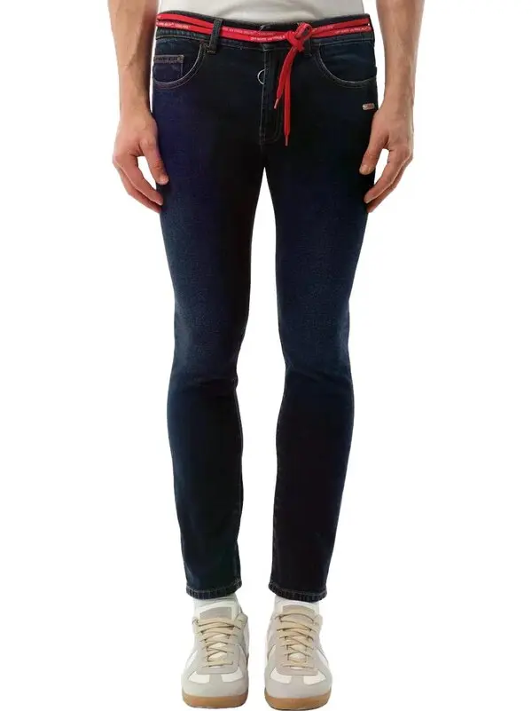 Off-White Skinny Fit Jeans With Red Drawstring Detail - Blue