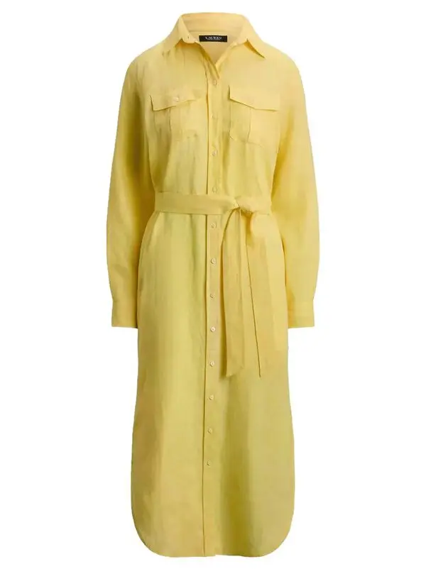 Ralph Lauren Belted Linen Midi Shirt Dress - Yellow