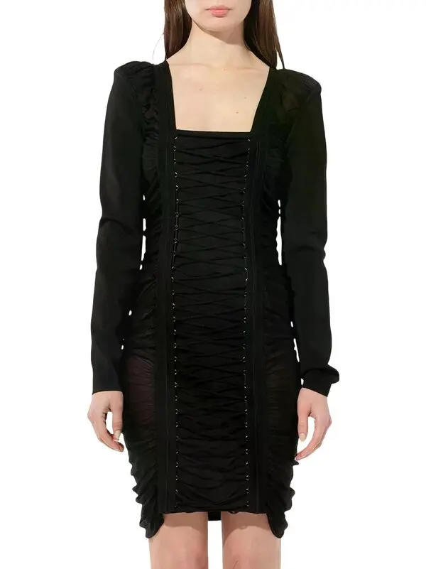 Balmain Lace-up Ruched Knit Mini Dress - Black