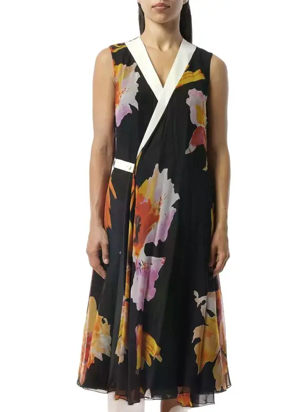 LANVIN Sleeveless Floral Print Wrap Dress - Black