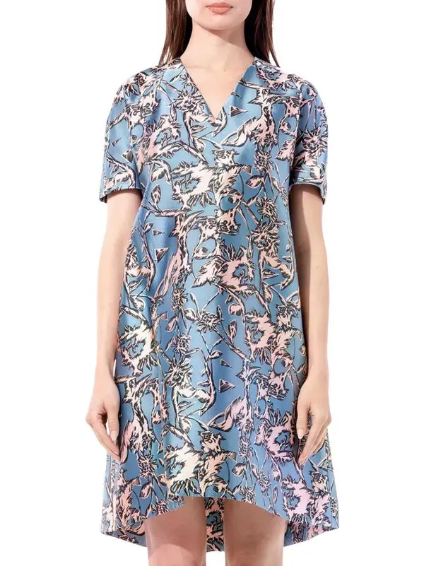 Balenciaga Floral Print Satin V-neck Dress - Blue