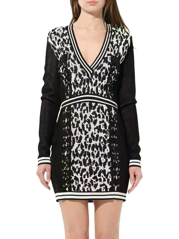 Balmain Leopard Print Lace-up V-neck Dress - Black