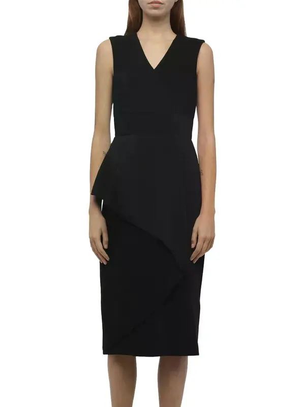 Alexander McQueen V-neck Peplum Waist Wool Dress - Black