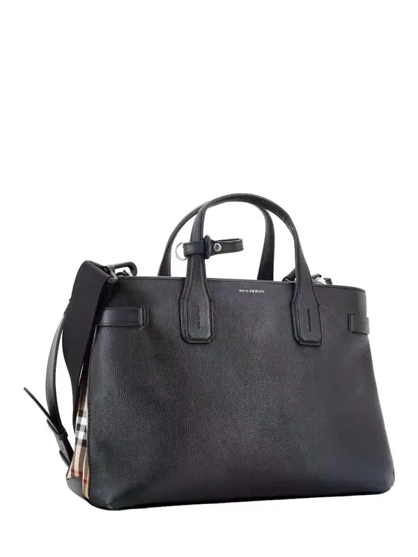 Burberry Banner Nm Leather With Vintage Check Canvas Medium Tote Bag - Black