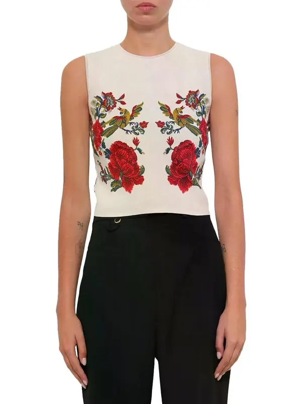 Alexander McQueen Sleeveless Floral Embroidered Top - White