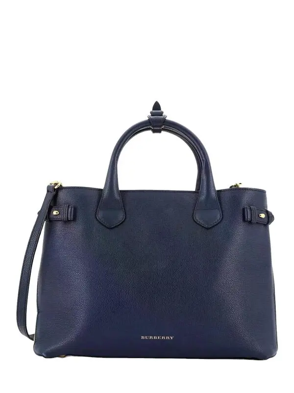 Burberry Banner Tote Leather And House Check Canvas Medium Satchel - Blue