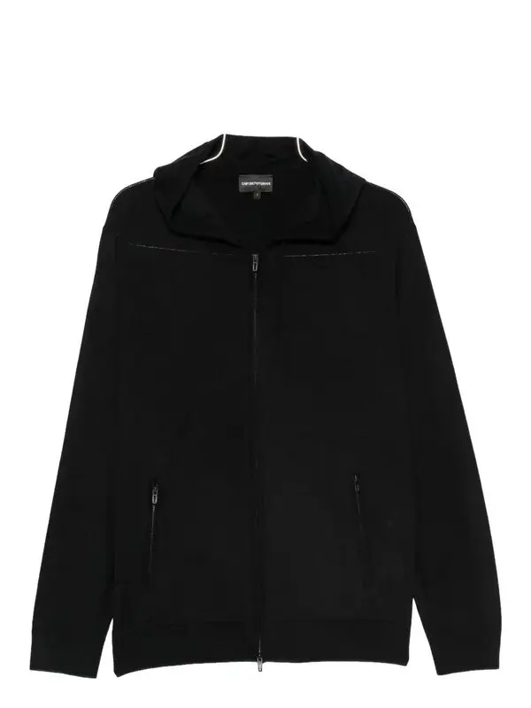 Emporio Armani Zip-up Virgin Wool Sweater With Drawstring Hood - Black