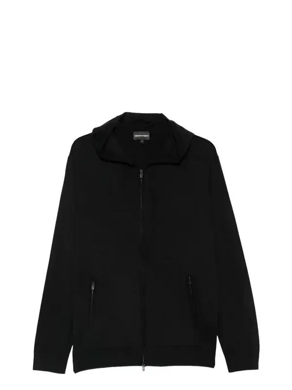 Emporio Armani Zip-up Virgin Wool Sweater With Drawstring Hood - Black