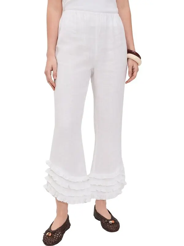 Posse Florence Linen Pants With Ruffle Trim - Ivory
