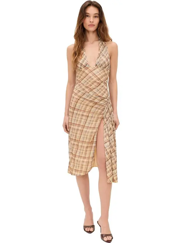 MADISON THE LABEL Agnes Plaid Ruched Halterneck Midi Dress - Maple Plaid