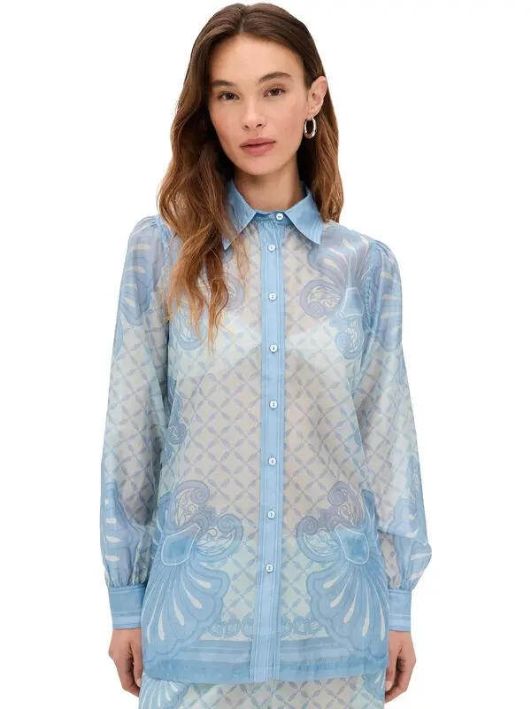 SHANI SHEMER Susan Baroque Print Sheer Button-down Shirt - Aqua Shell Print