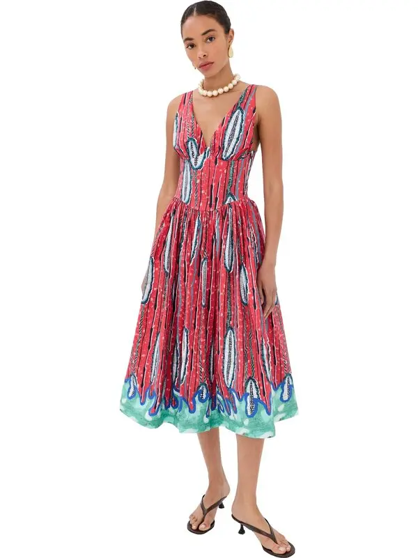 Stella Jean Graphic Print V-neck Sleeveless Midi Dress - Red Papaya