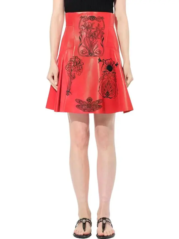 Alexander McQueen Embroidered Leather A-line Skirt - Red
