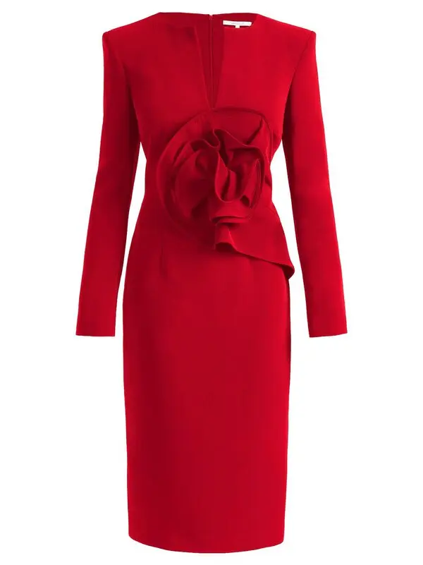 Santorelli Maya Long Sleeve Midi Dress With Floral Applique - Red
