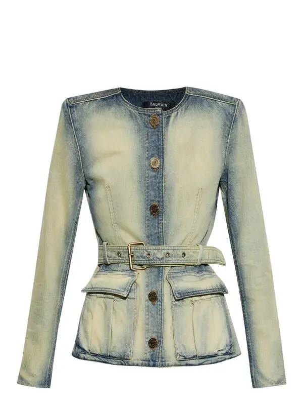 Balmain Belted Denim Blazer - Blue