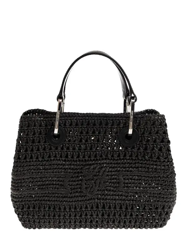 Emporio Armani Woven Top Handle Bag With Embossed Logo - Black