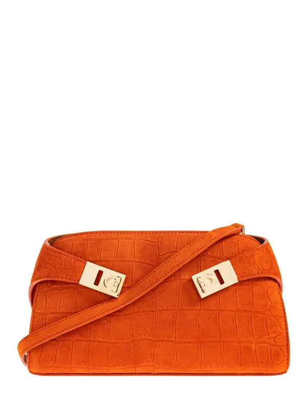 FERRAGAMO Hug" Suede Shoulder Bag With Embossed Crocodile Effect - Orange