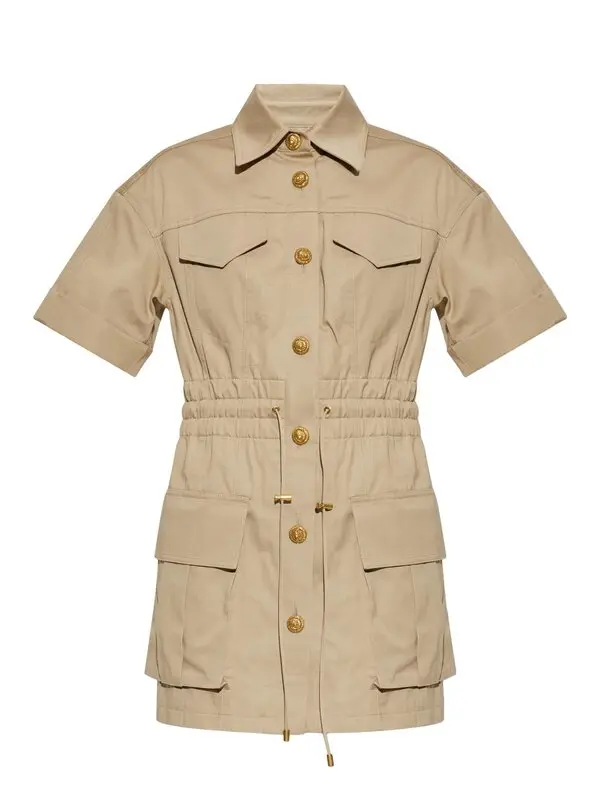 Balmain Short Cotton Dress With Button Detail And Drawstring Waist - Beige