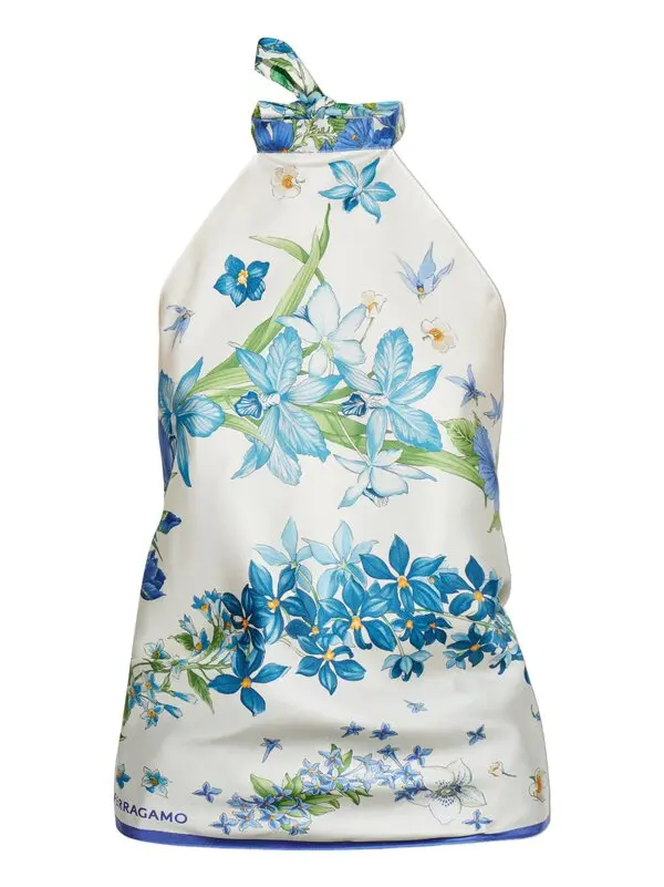 FERRAGAMO Halter Neck Silk Top With Floral Print And Open Back - Blue