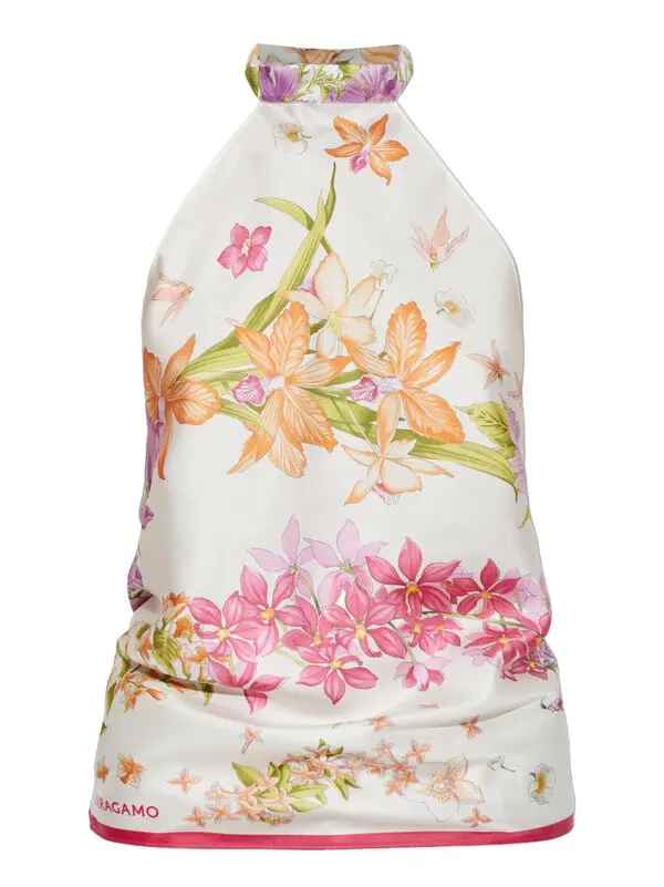 FERRAGAMO Silk Halter Top With Floral Print And Open Back - Pink