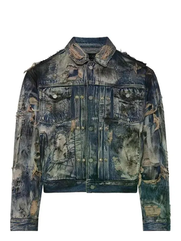 THUG CLUB Hard-washed Distressed Denim Jacket - Blue