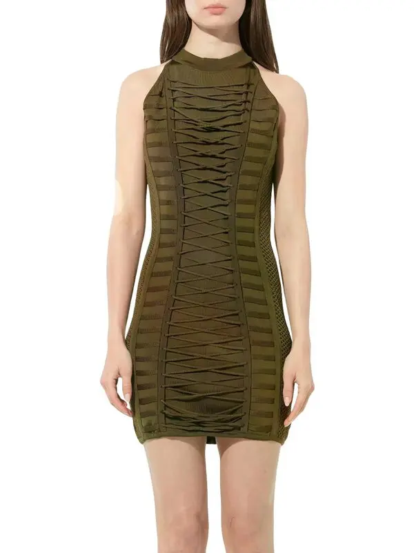 Balmain Ribbed-knit Lace-up Halterneck Dress - Green