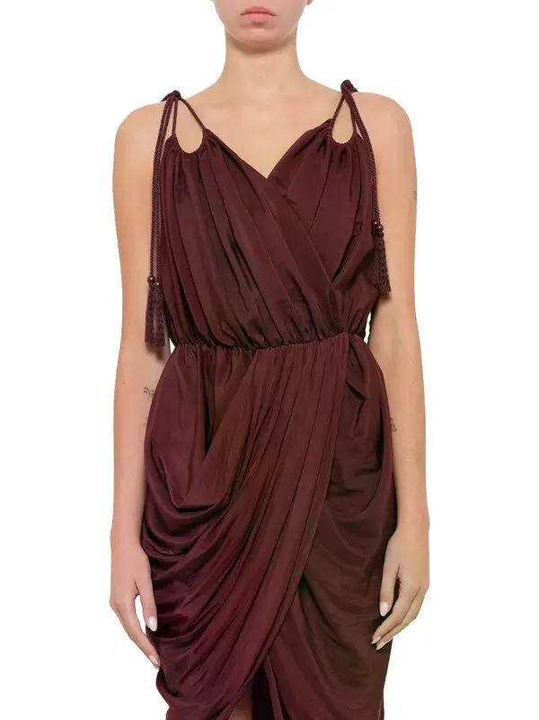 LANVIN Draped V-neck Midi Dress With Tassel Detail - Red