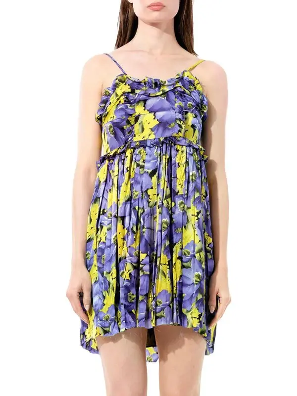 Balenciaga Floral Print Ruffled Dress - Purple