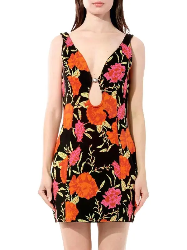 Balenciaga Floral Print V-neck Sleeveless Dress - Black