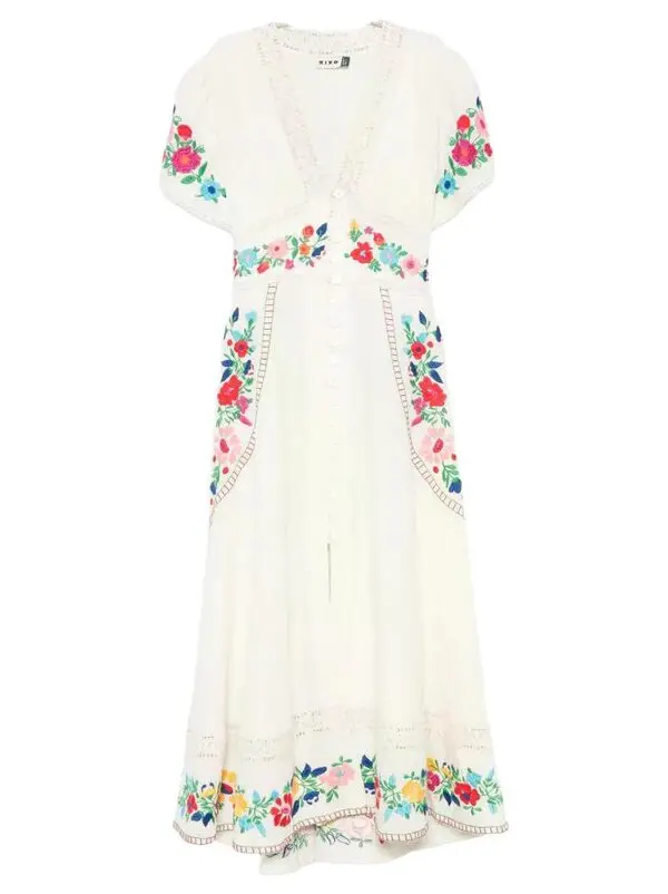 Rixo Novara Floral-embroidered Midi Dress - Neutrals