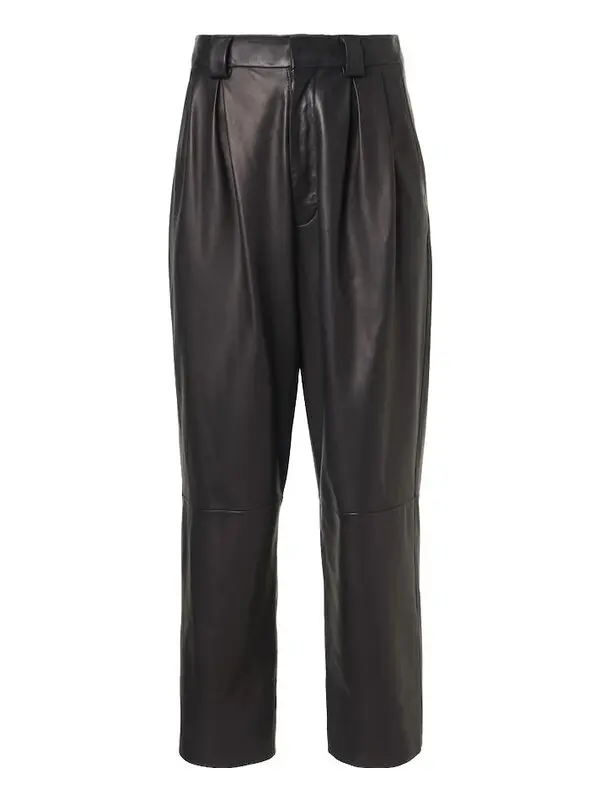 Giorgio Armani Archivio Pleated Leather Straight Leg Trousers - Black