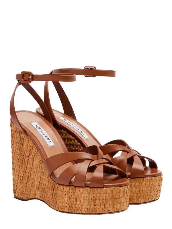 AQUAZZURA Copacabana Leather Wedge Sandals - Brown