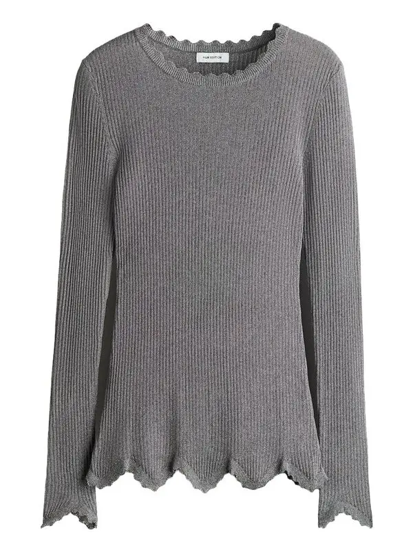 H&m Ribbed Viscose Top With Glitter Threads And Scalloped Trim - Gray