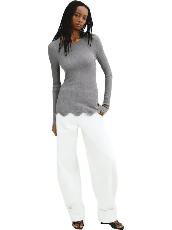 H&m Ribbed Viscose Top With Glittery Threads And Scalloped Trim - Gray