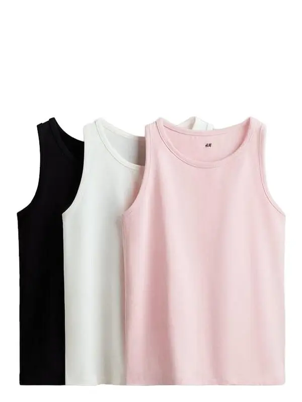 H&m 3-pack Cotton Jersey Vest Tops - Light Pink/black/white