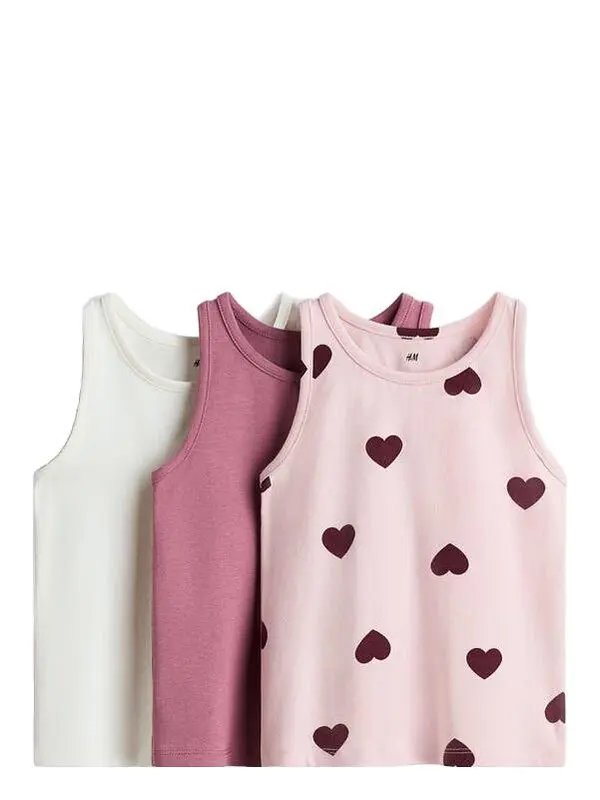 H&m 3-pack Cotton Jersey Vest Tops - Pink/hearts