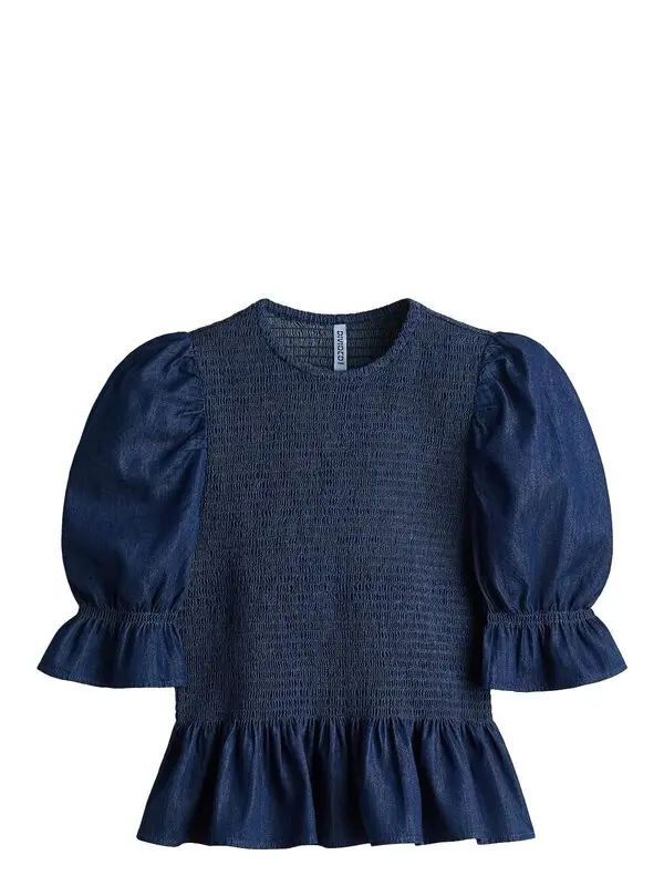 H&m Smocked Denim Puff Sleeve Peplum Blouse - Dark Denim Blue