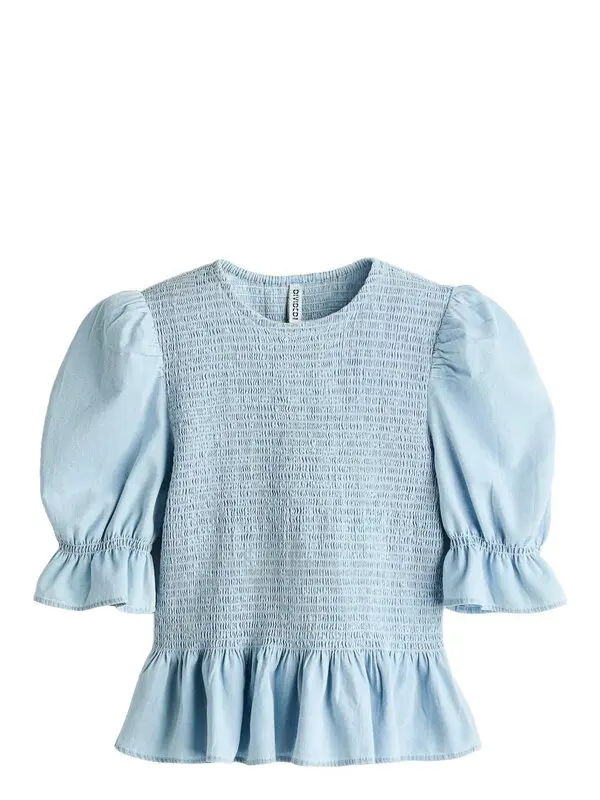 H&m Smocked Denim Puff Sleeve Peplum Blouse - Light Blue