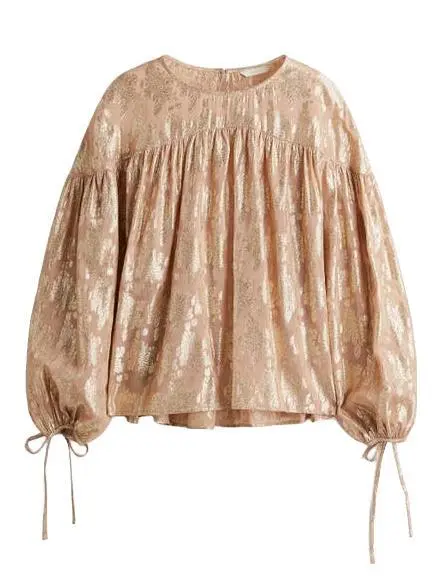 H&m Oversized Jacquard-weave Blouse With Voluminous Sleeves - Beige/patterned