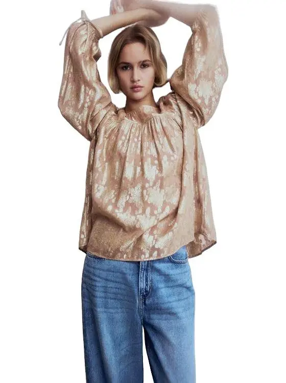 H&m Oversized Jacquard-weave Blouse With Voluminous Sleeves - Beige/patterned