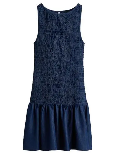 H&m Smocked Denim Dress - Dark Denim Blue