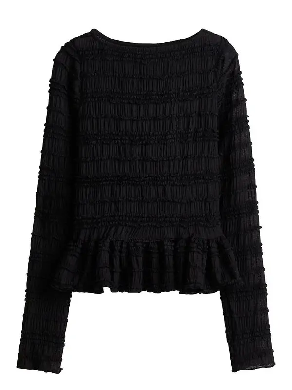 H&m Smocked Peplum Top With Frill Trims - Black