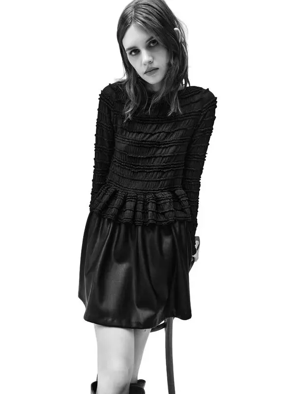 H&m Smocked Long-sleeve Peplum Top With Frill Trims - Black