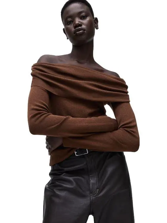 H&m Off-the-shoulder Ribbed Jumper - Brown